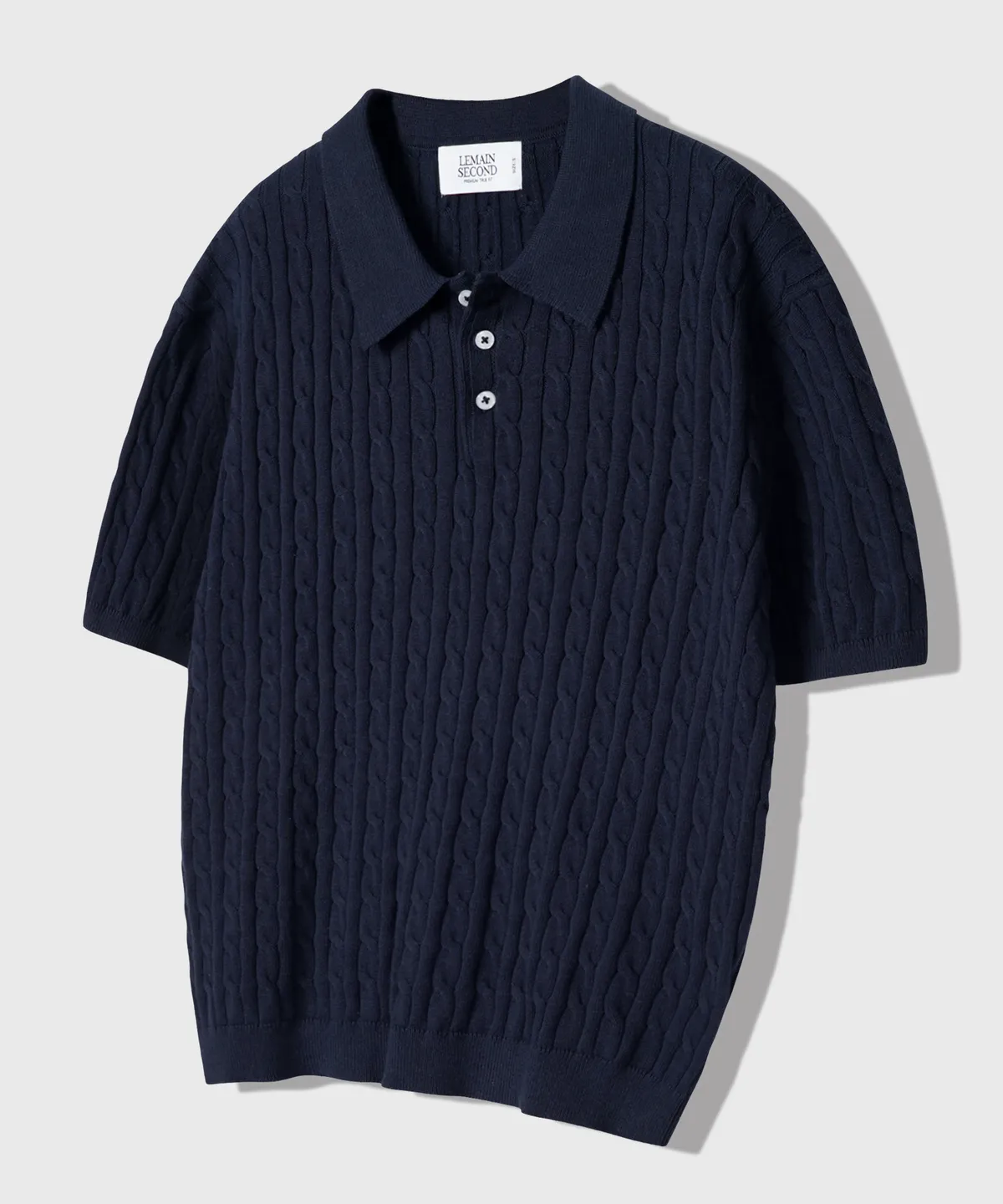 LEMAIN SECOND(리메인세컨드) | 실시간 인기 스타일 | 오버핏 워셔블 카라넥 케이블 반팔 니트 [네이비] | 온더룩