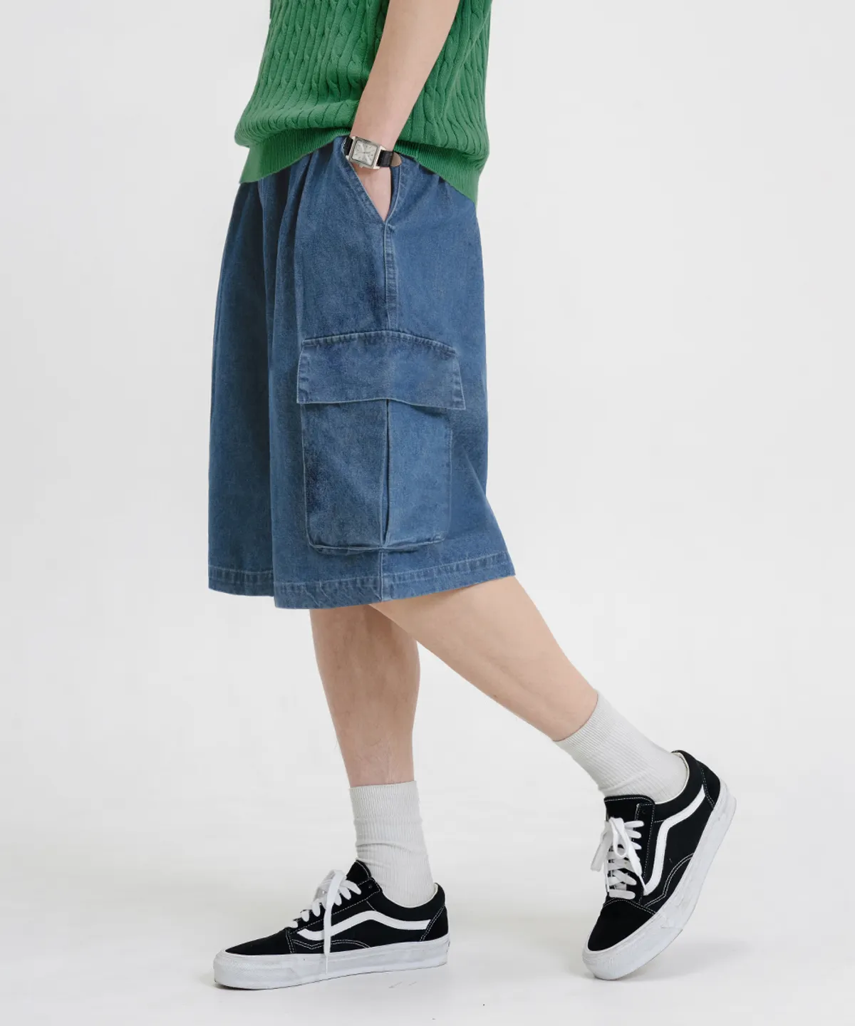 LEMAIN SECOND(리메인세컨드) | 실시간 인기 스타일 | 버뮤다 와이드 원턱 카고 데님 쇼츠 [중청] | 온더룩